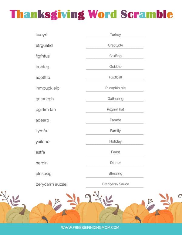 Thanksgiving Word Scramble + Answers